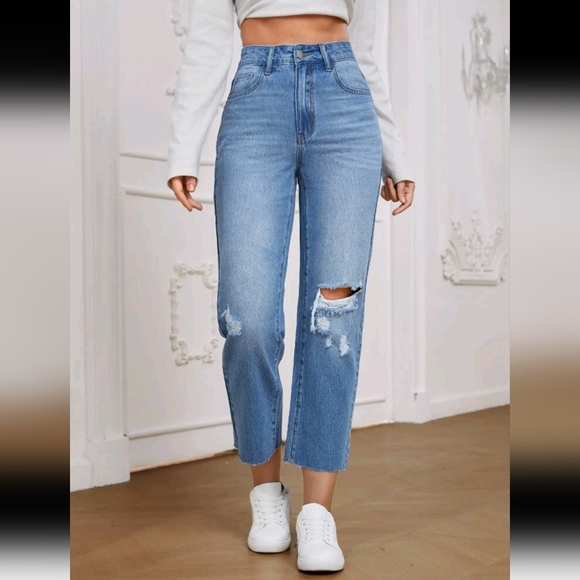 SHEIN | Jeans | Shein High Waist Ripped Straight Leg Jeans | Poshmark